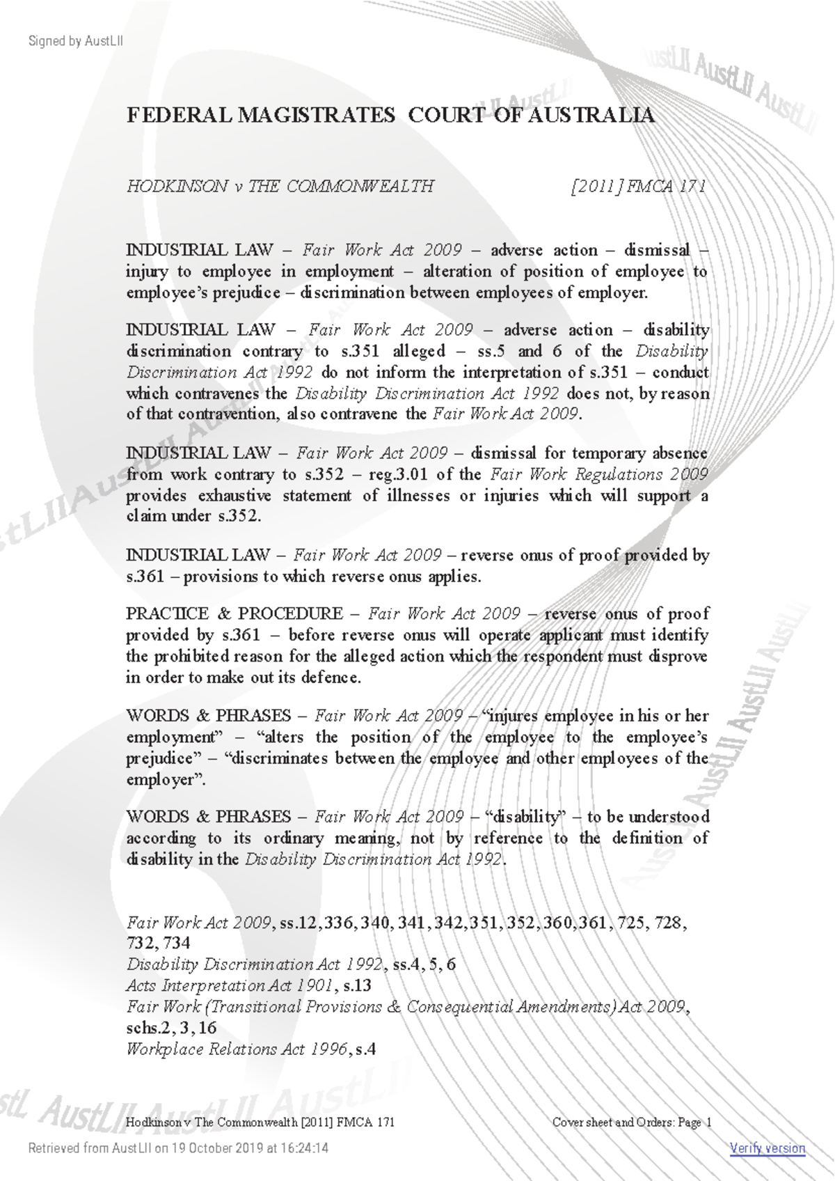 Hodkinson v The Commonwealth FMCA 171: Fair Work Act 2009 Analysis - Studocu