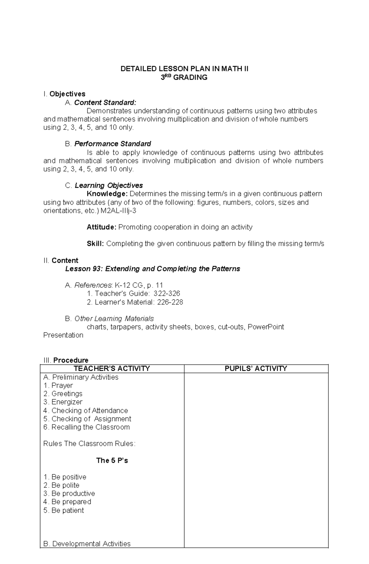 DETAILED LESSON PLAN IN MATH II: COMPLETING PATTERNS - Studocu