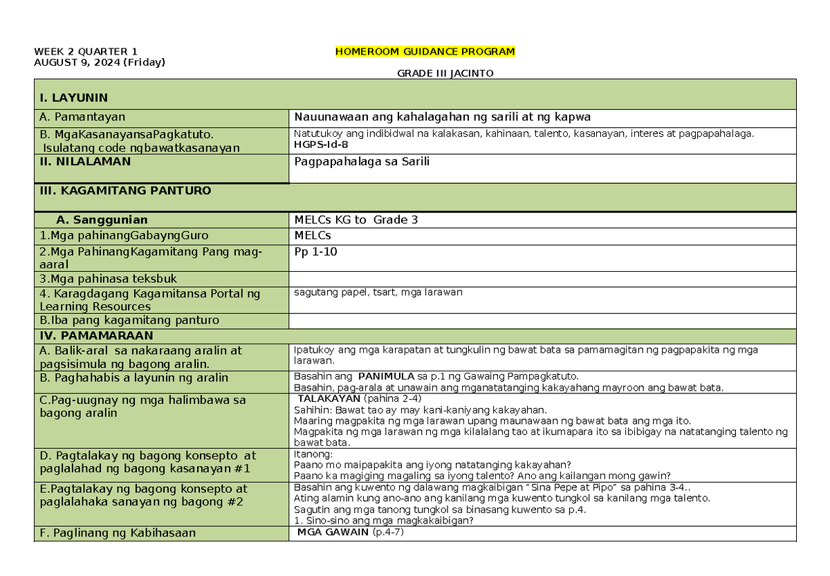 HGP W2 - Grade III Homeroom Guidance Program Overview - Studocu