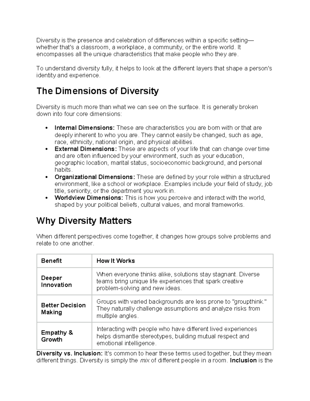 Diversity and Inclusion: Understanding Key Dimensions and Benefits ...