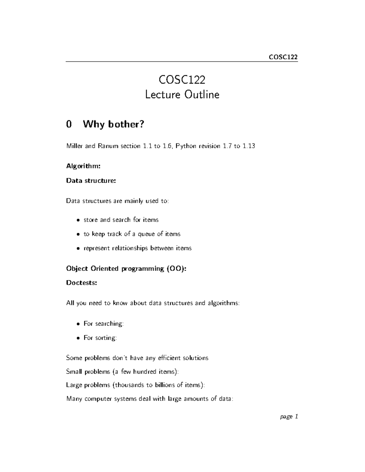 COSC122 Lecture Outline: Data Structures & Algorithms Overview - Studocu
