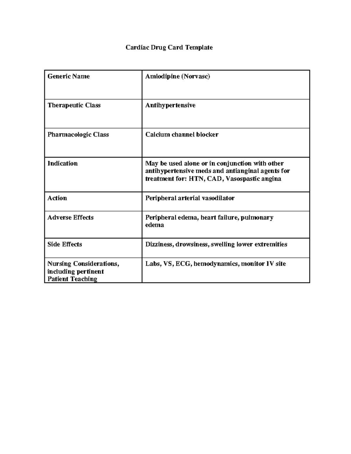 Cardiac drug cards: Amlodipine, heparin, and rosuvastatin details - Studocu