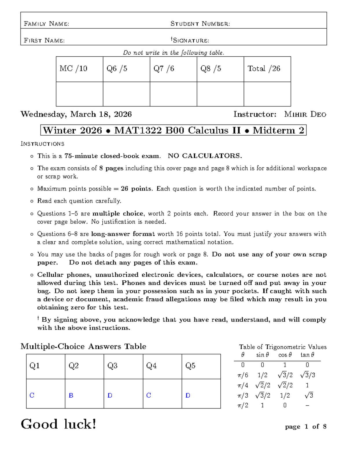 MAT1322 B00 Calculus II Midterm 2 Solutions - Studocu