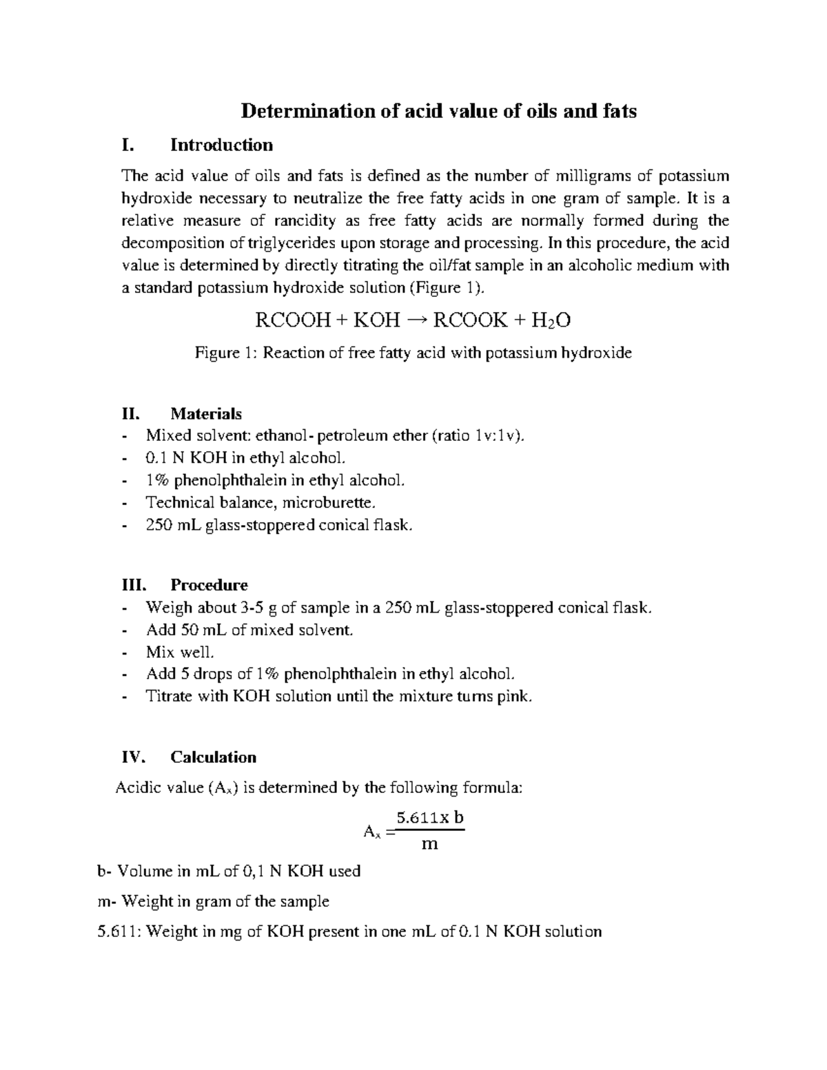 Lab 9-1: Determining Acid Value of Oils and Fats - Studocu
