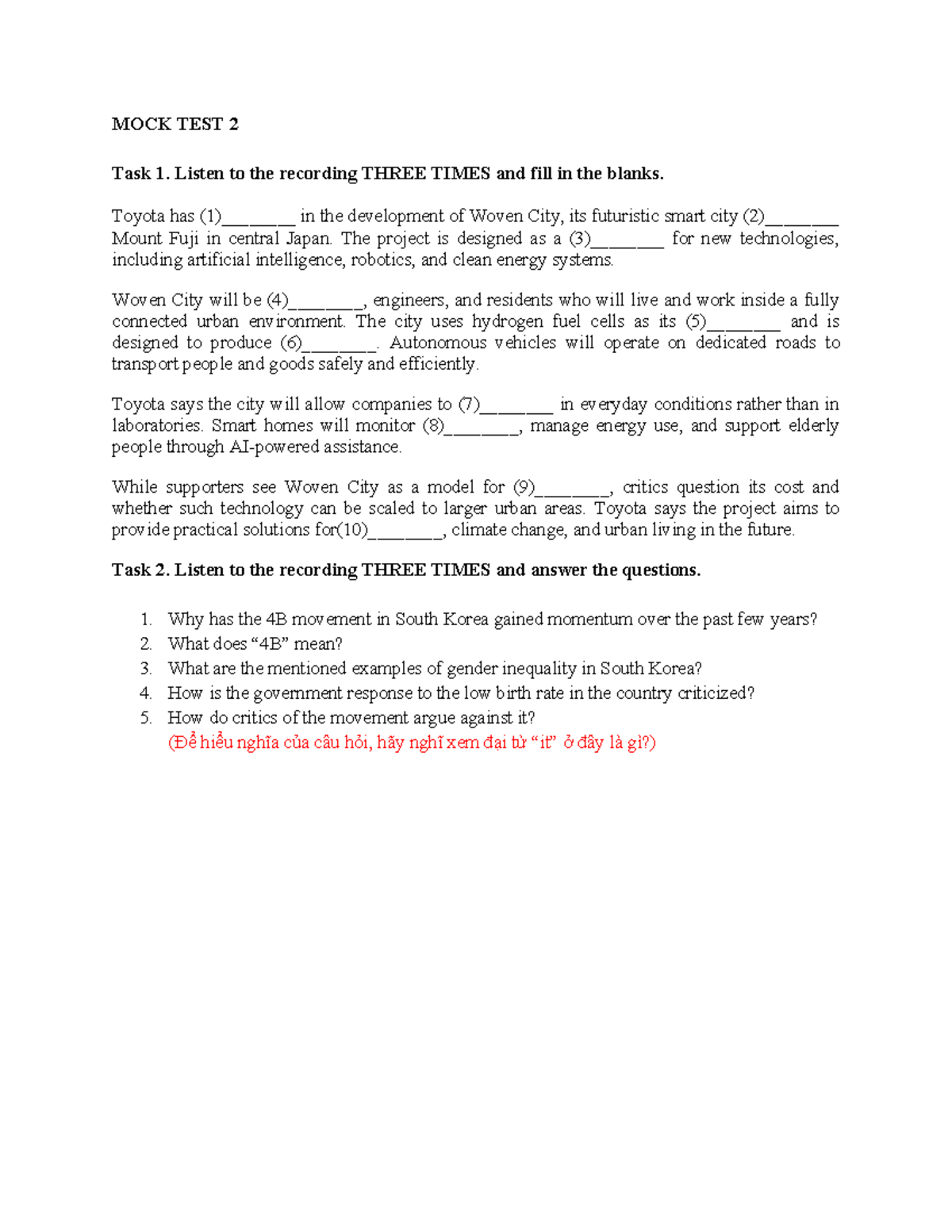 MOCK TEST 2 - Practice English Special Listening Tasks - Studocu