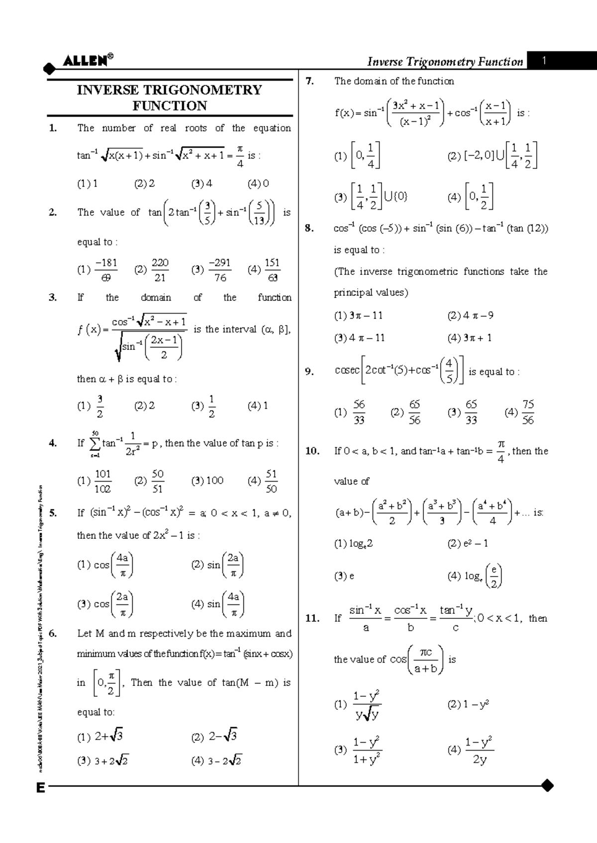 Inverse-Trigonometry-Function - ALLEN Inverse Trigonometry Function 1 ...