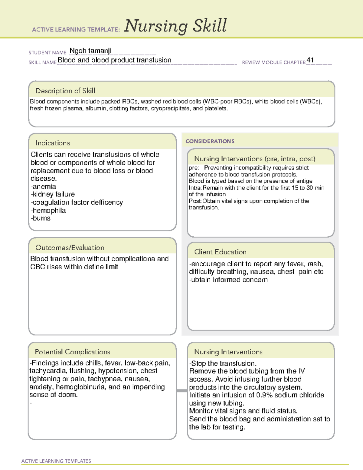 ALT Blood Transfusion - ATI Nursing Skill Review Template - Studocu