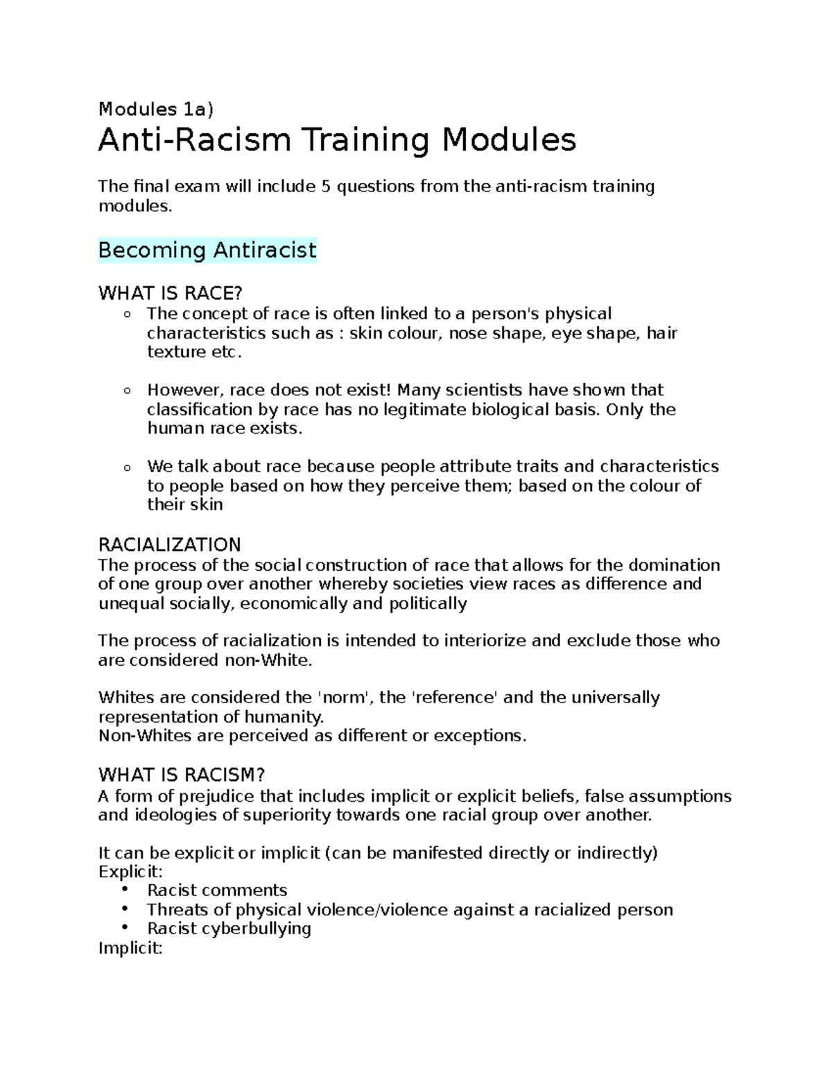 Anti-Racism Training Modules: Key Concepts & Final Exam Review - Studocu