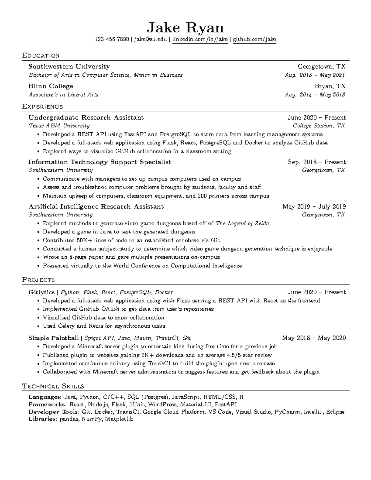 Jake Ryan's ATS-Friendly Resume Template - Computer Science B.A. - Studocu