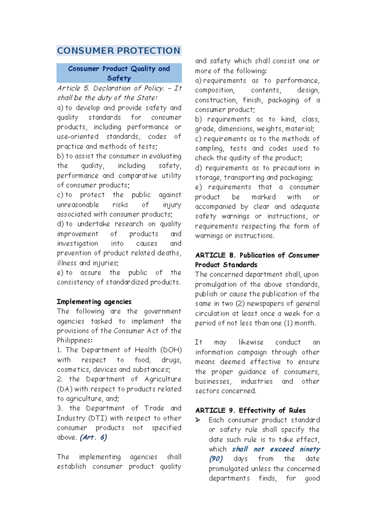 Consumer Protection - Quality & Safety Standards Overview - Studocu