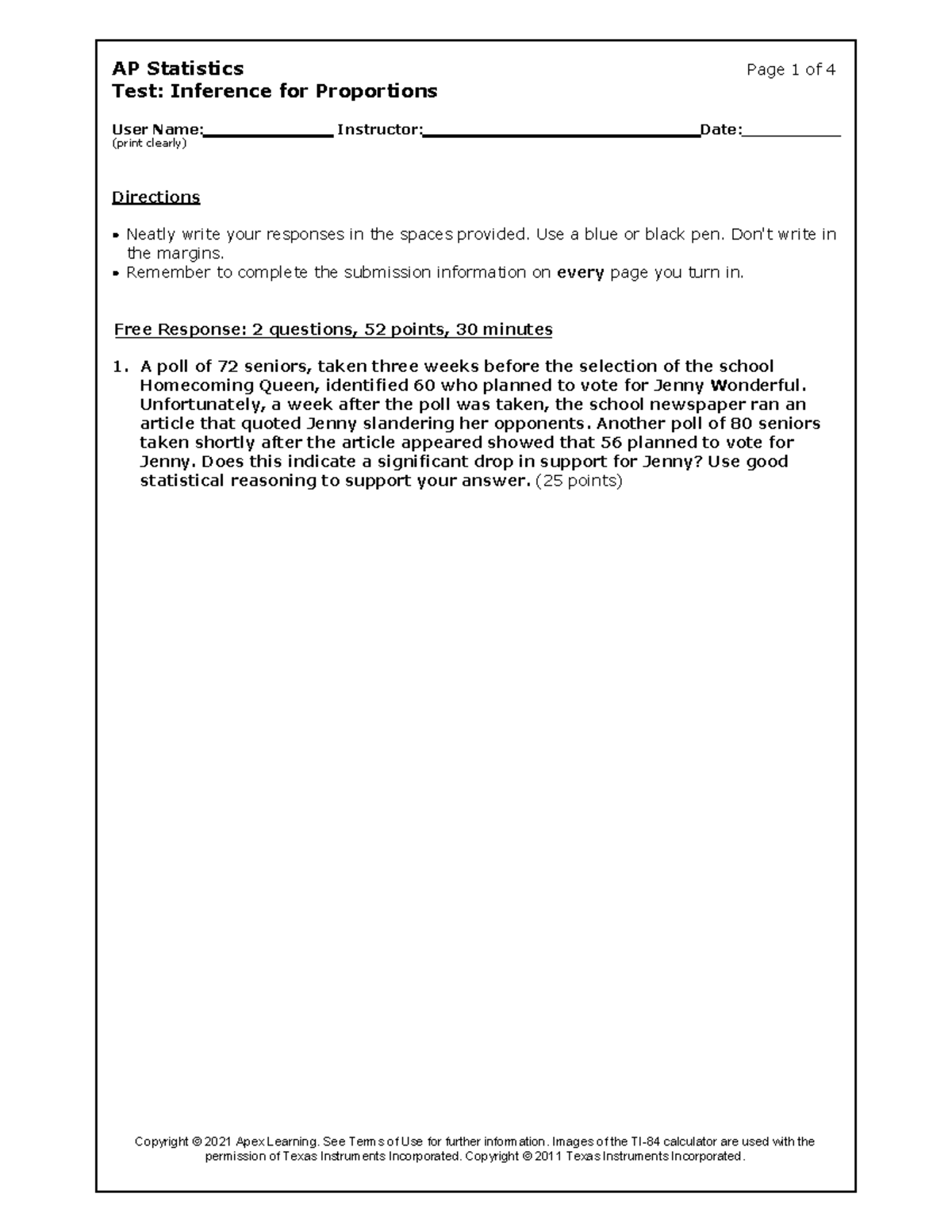 AP Statistics Test: Inference for Proportions (52 pts, 30 min) - Studocu