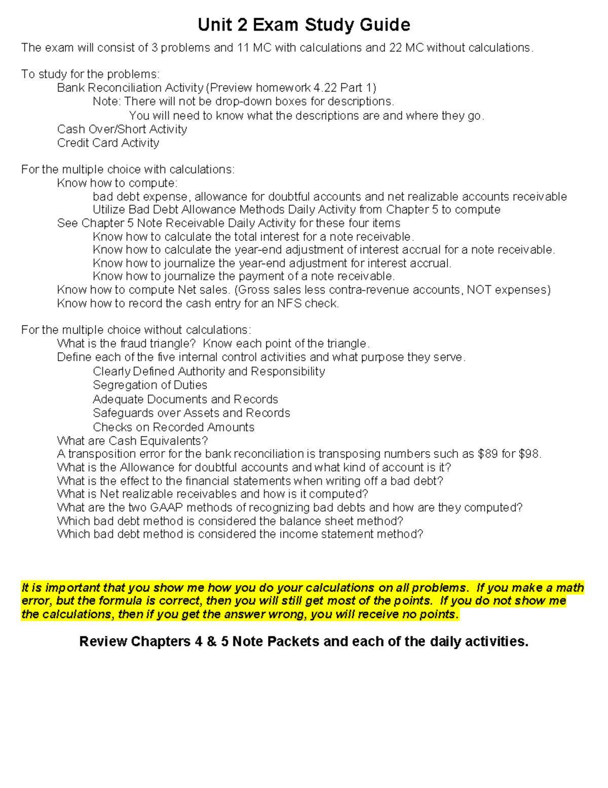 Unit 2 Exam Study Guide for ACCT 101: Key Topics & Calculations - Studocu