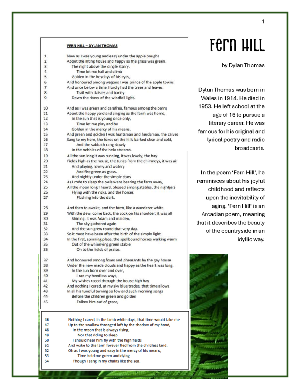 Fern Hill (Poetic Breakdown) - Analyzing Dylan Thomas's Nostalgia - Studocu