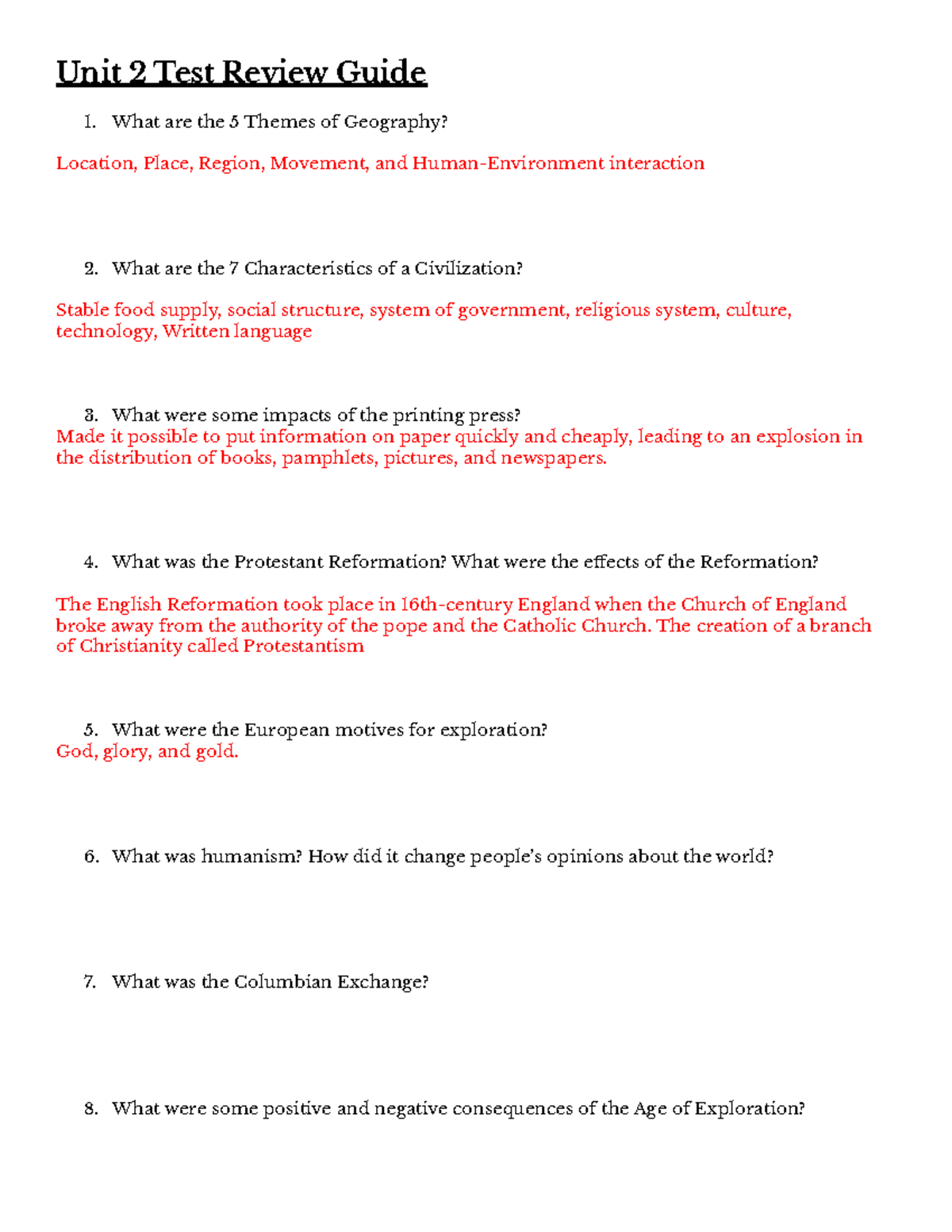 Unit 2 Test Review - Key Concepts and Important Themes - Studocu