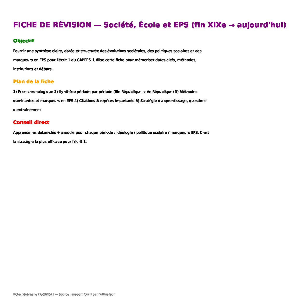 FICHE DE RÉVISION FICHE DE RÉVISION CAPEPS: Évolutions Sociétales et ...