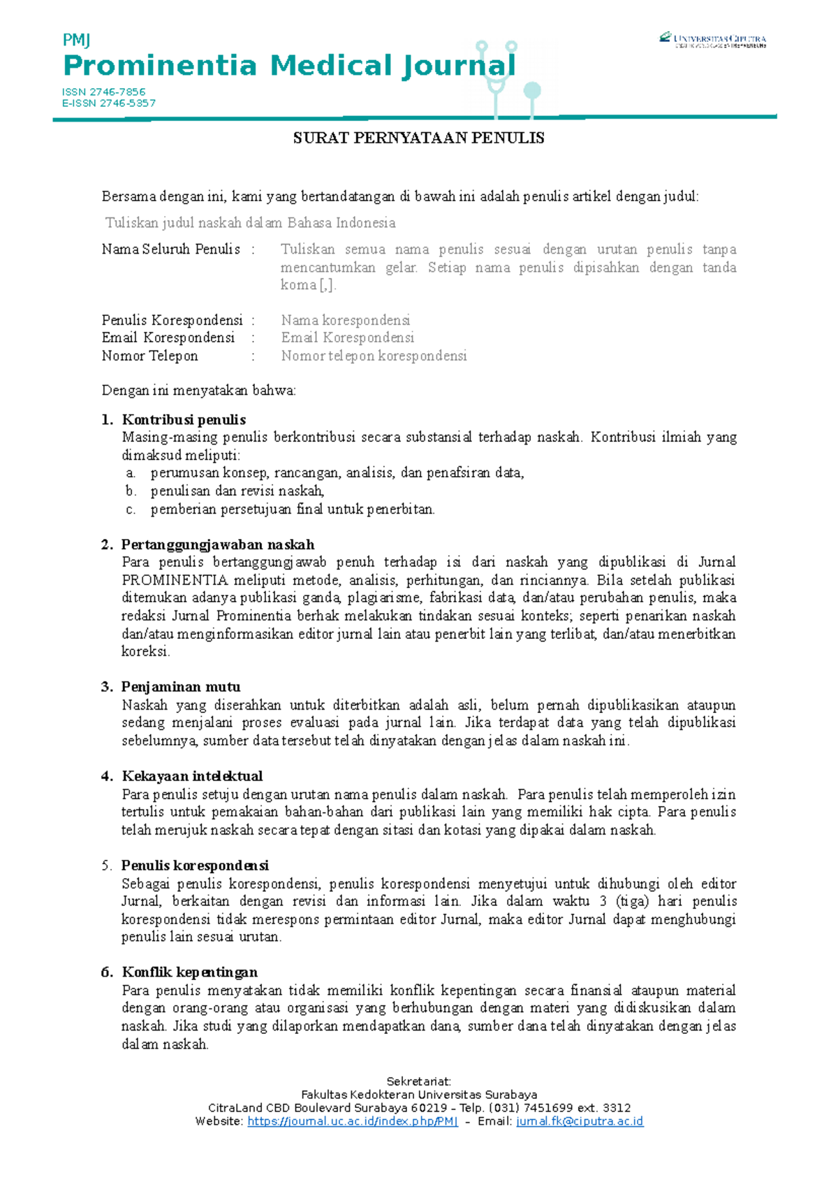 Surat Pernyataan Penulis untuk Jurnal PMJ - Prominentia Medical Journal ...