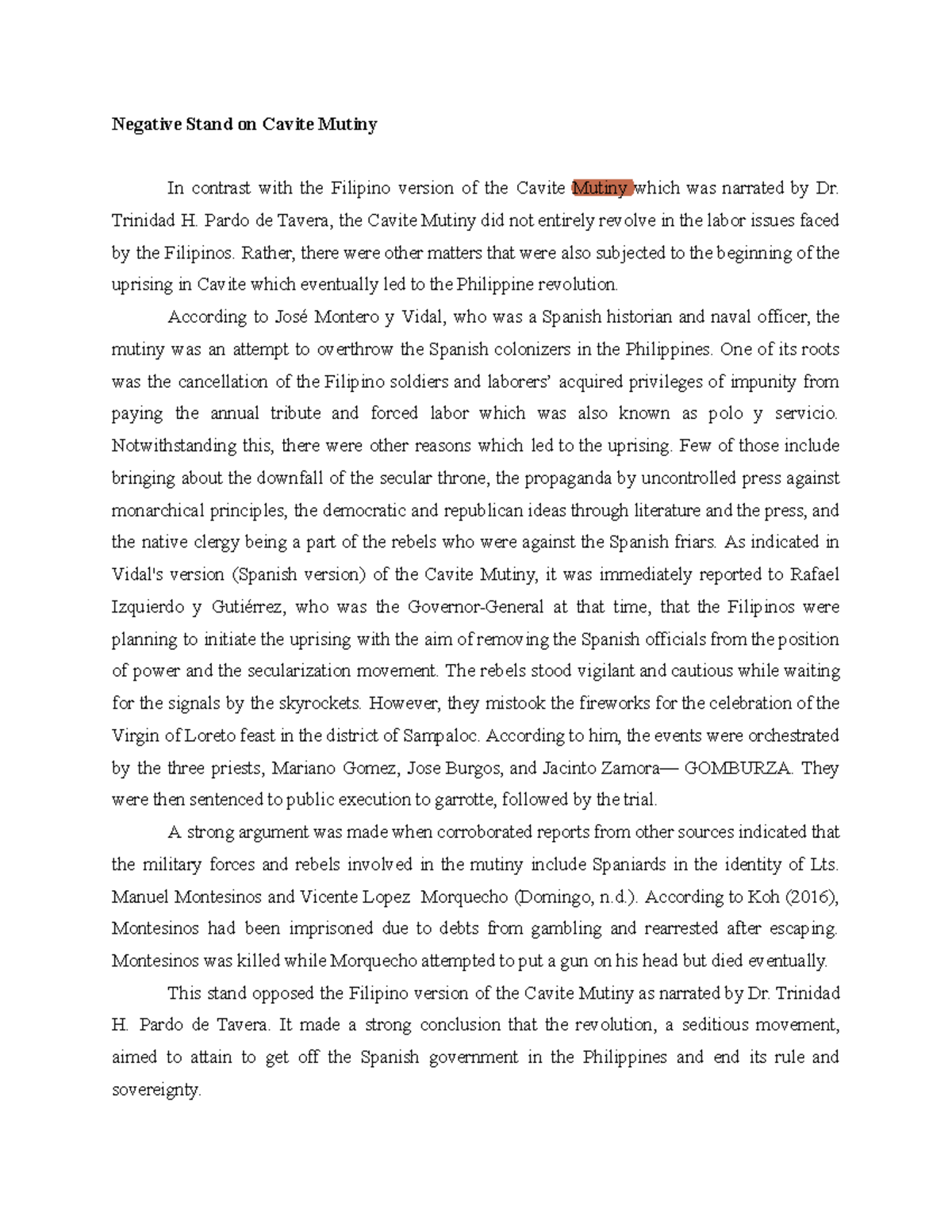 Negative Stand on the Cavite Mutiny: An Alternative Perspective - Studocu