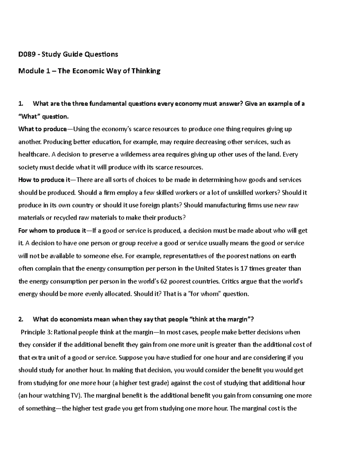 D089 - Principles of Economics Study Guide: Questions & Answers - Studocu