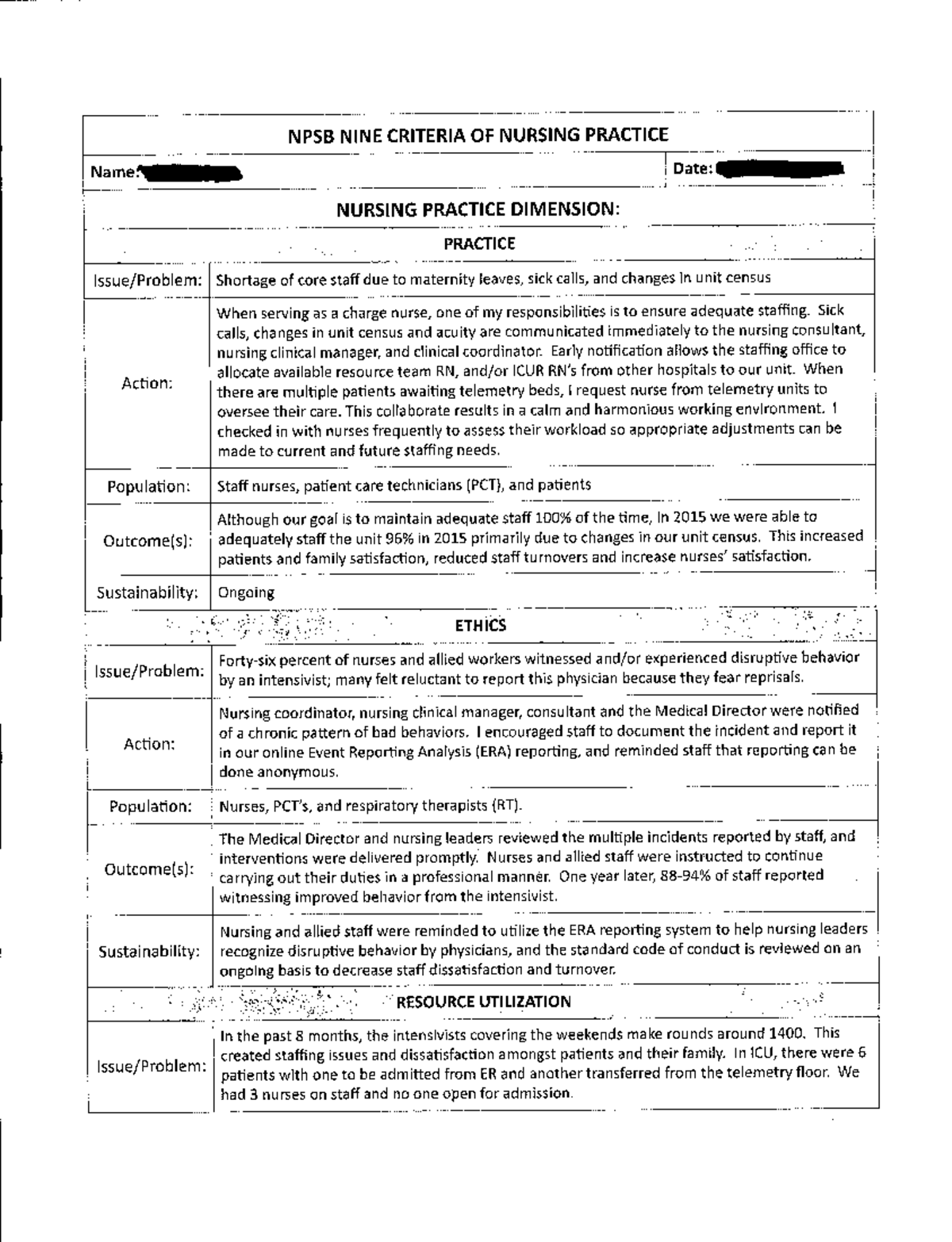 Nurse II.Applicant Input Example - N a m e ~.•••• NPSB NINE CRITERIA OF ...