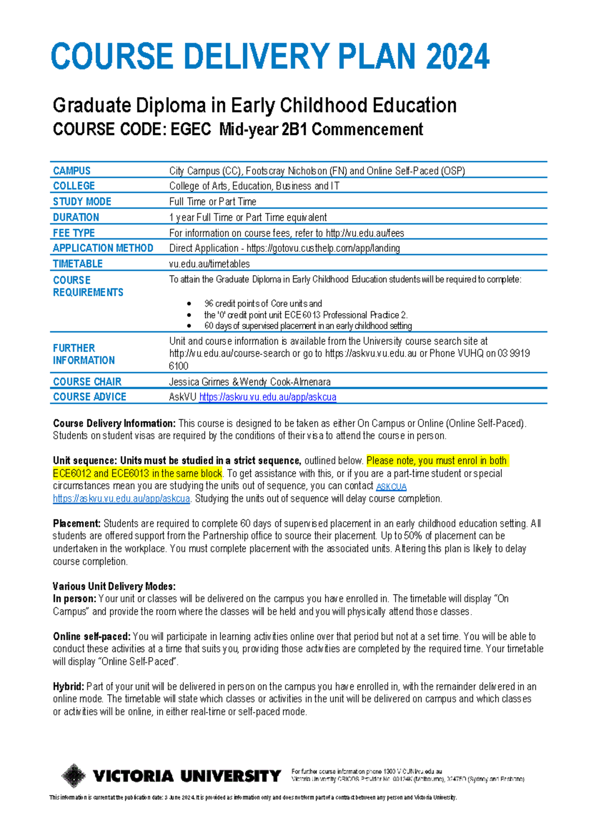 EGEC Mid-Year 2024 - Graduate Diploma in Early Childhood Education Guide - Studocu