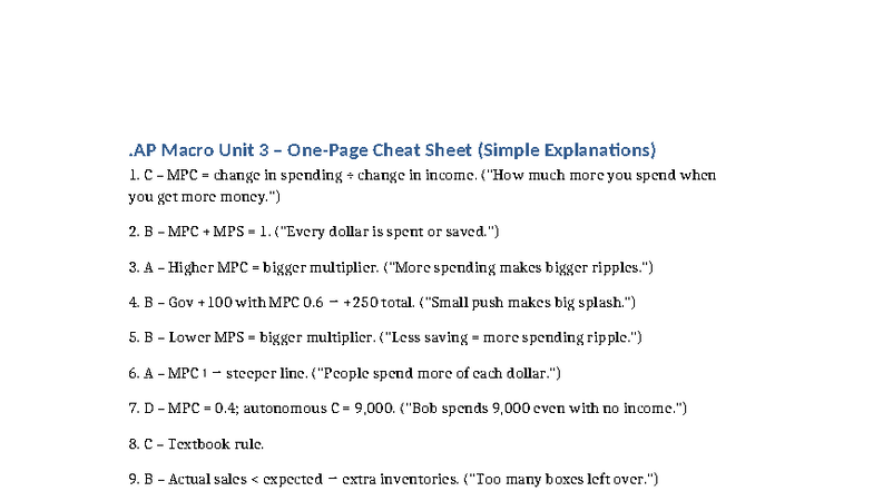 AP Macro Unit 3 Cheat Sheet: Key Concepts Explained - Studocu