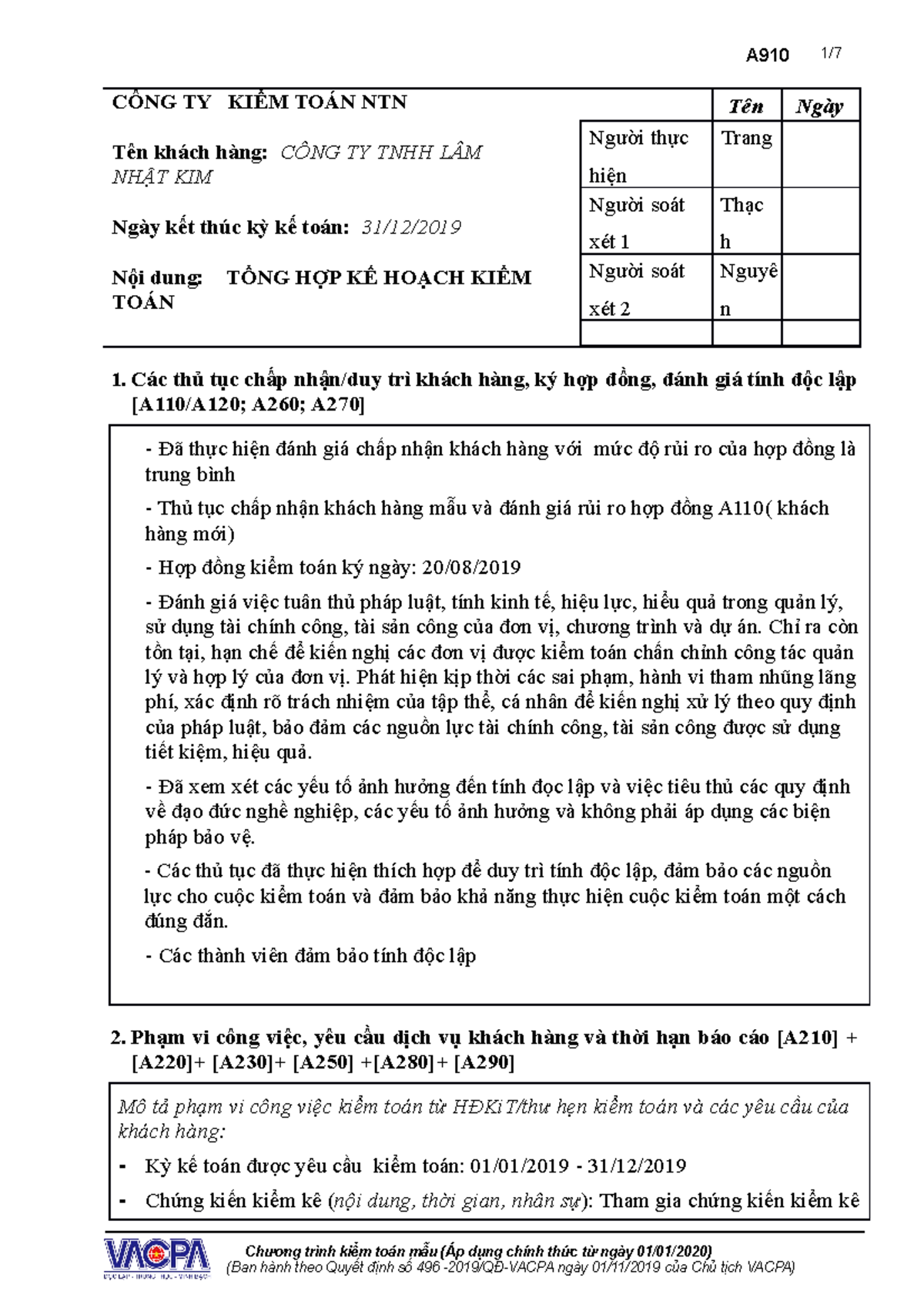 A910 - Tong hop ke hoach kiem toan(v) thùy trang - CÔNG TY KIỂM TOÁN NTN Tên khách hàng: CÔNG TY ...