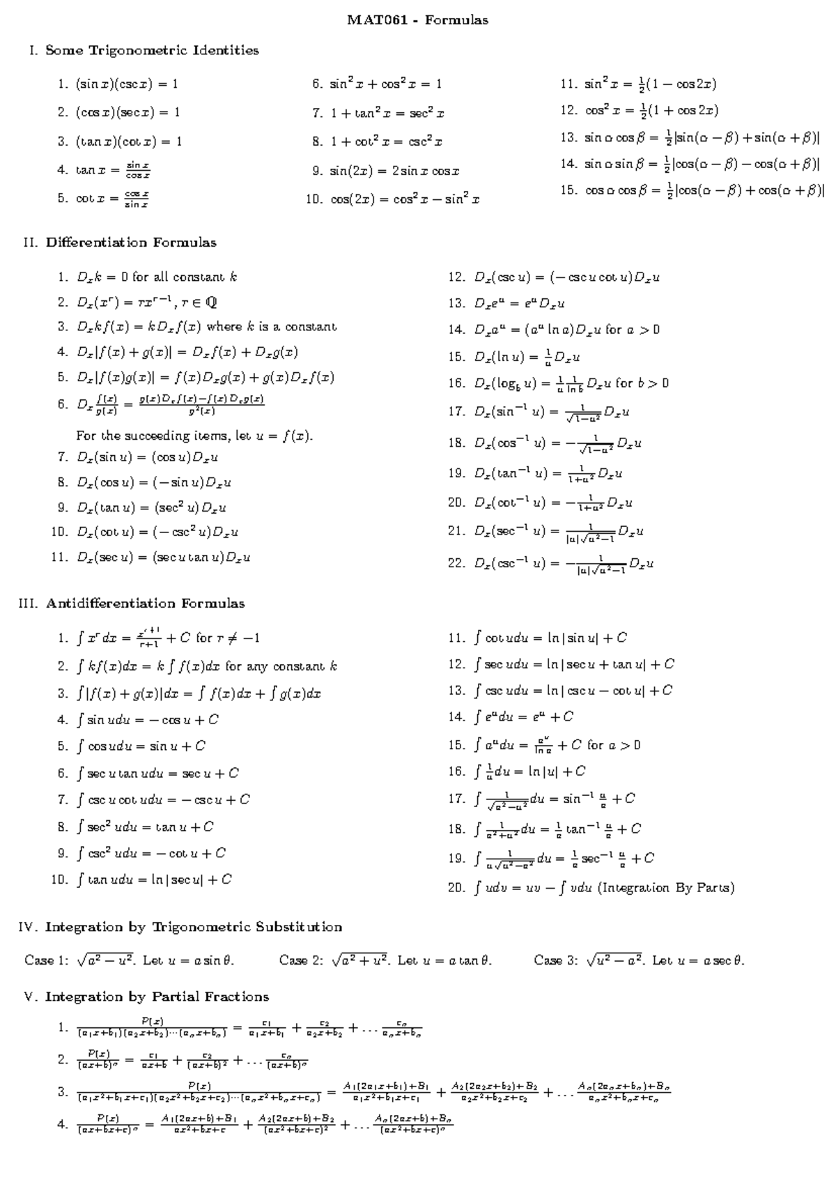 Formulas - MAT061 - Formulas I. Some Trigonometric Identities (sin x ...