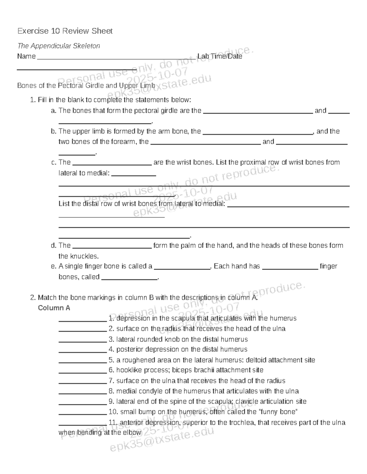 Exercise 10 Review Sheet: Pectoral Girdle & Upper Limb Anatomy - Studocu