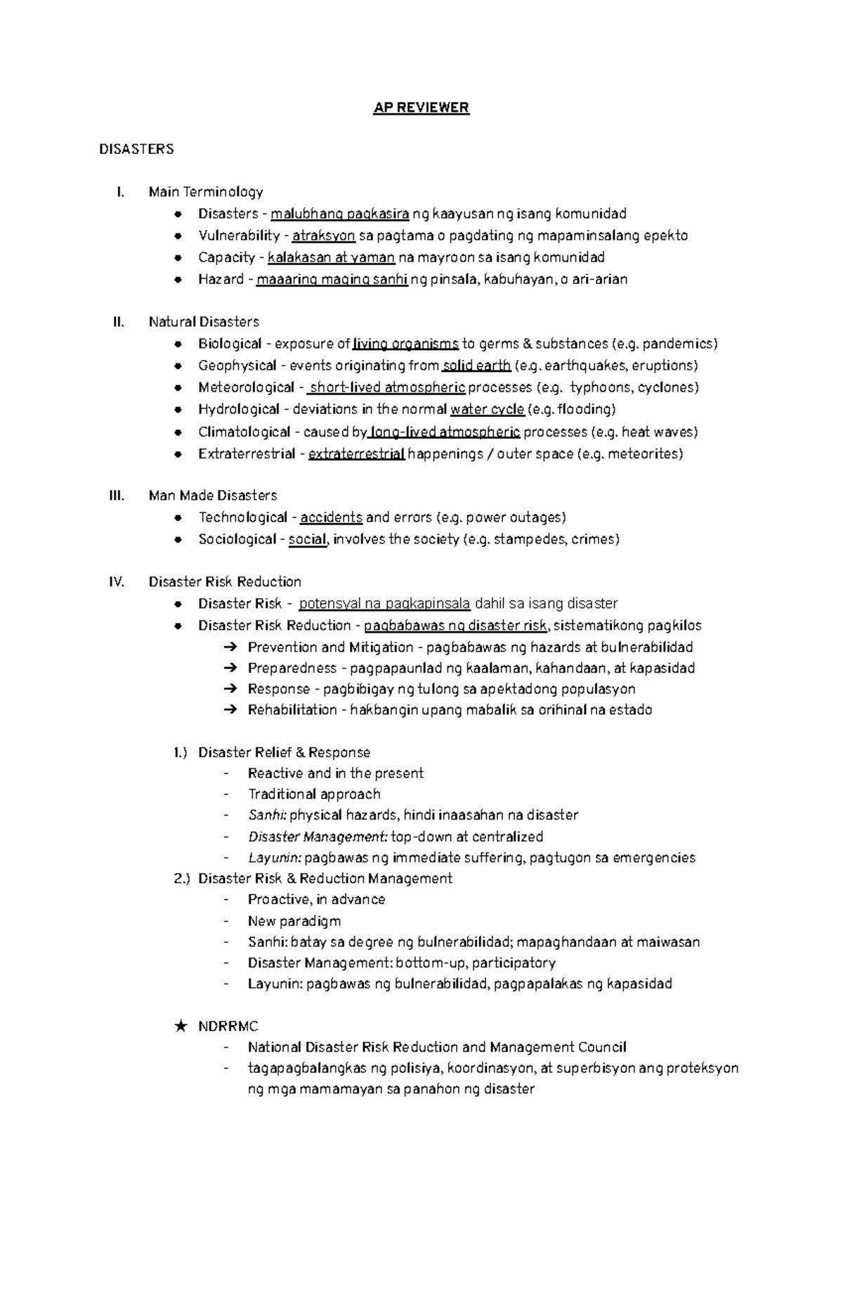 AP Reviewer Grade 10 - AP REVIEWER DISASTERS I. Main Terminology ...