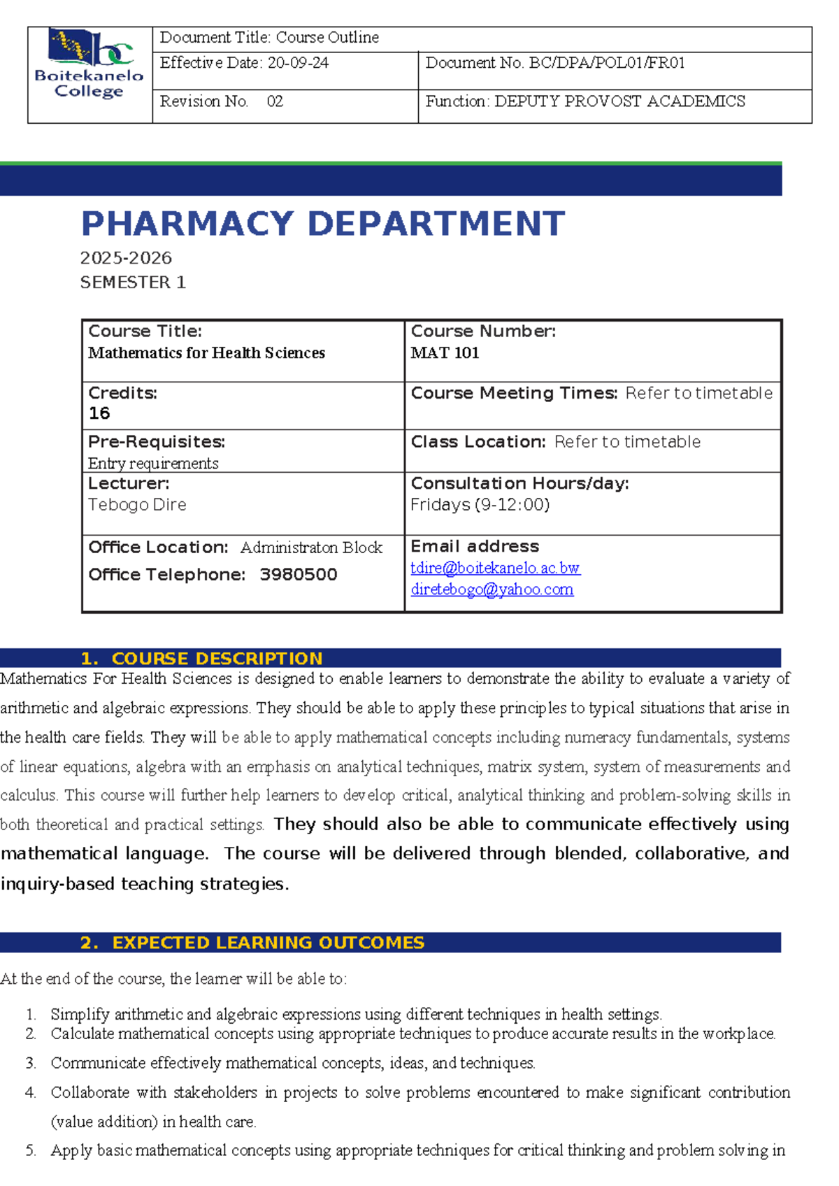 PHA MAT 101 AUG 2025 Course Outline: Mathematics for Health Sciences ...