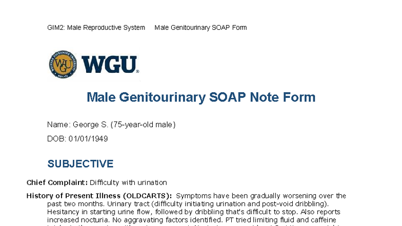 D117: Male Genitourinary SOAP Note - Patient George S. - Studocu
