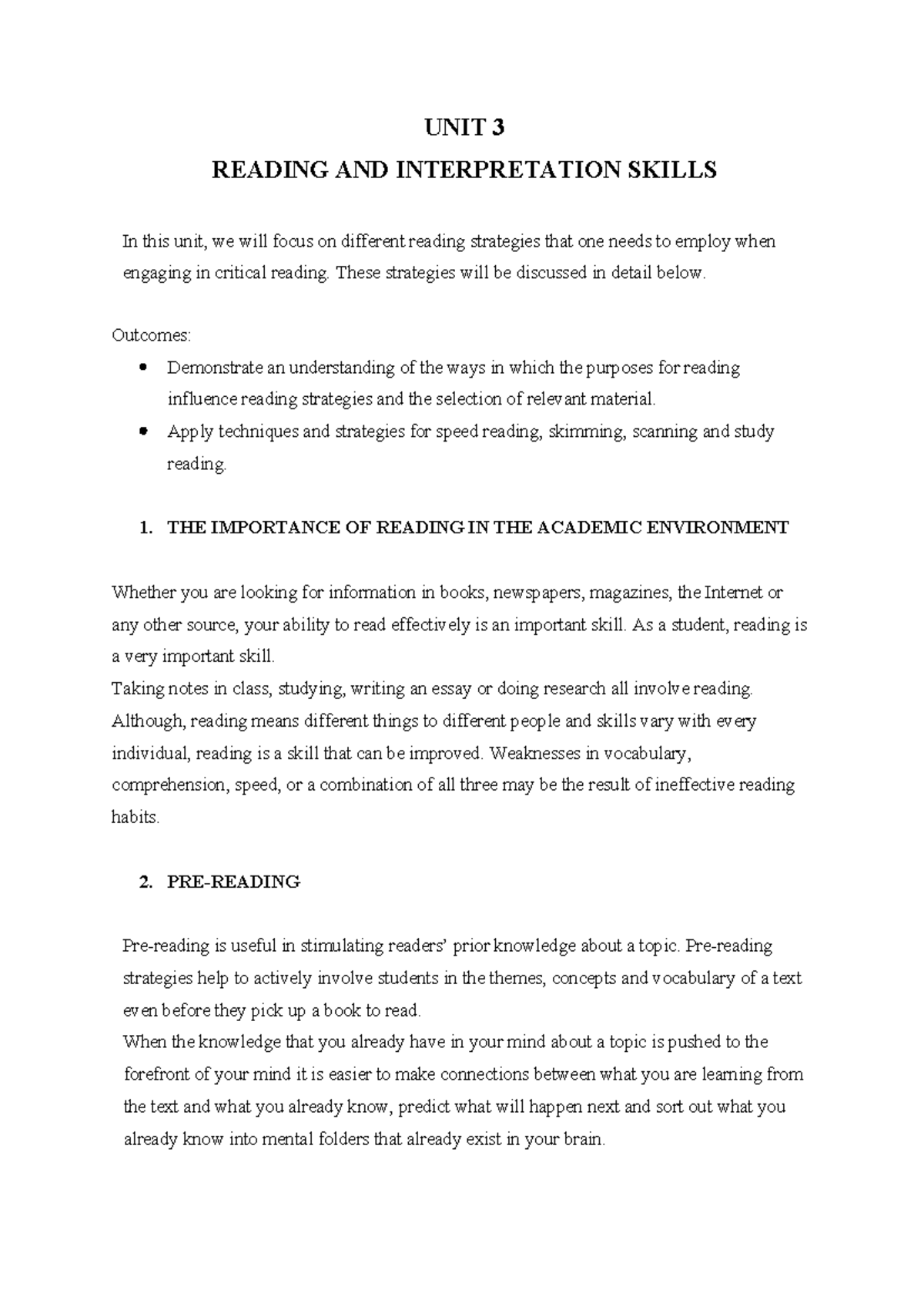 UNIT 3 READING STRATEGIES AND INTERPRETATION SKILLS - Studocu