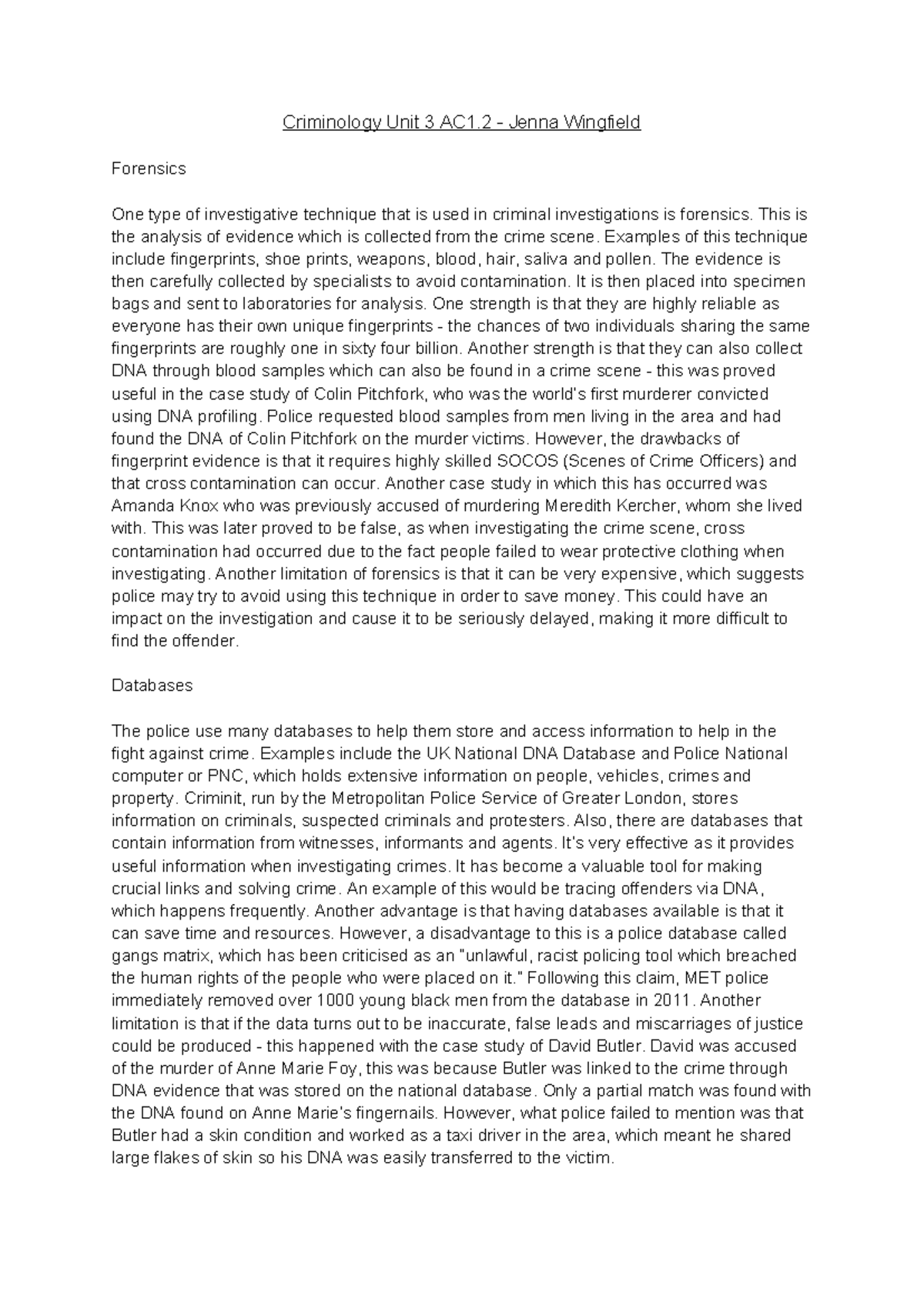 Criminology Unit 3 AC1.2: Forensic Techniques and Crime Investigation ...