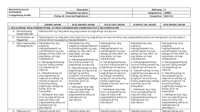 G5 GMRC DLL WEEK 1 - Lesson Plan on Pagkalinga sa Kapwa - Studocu