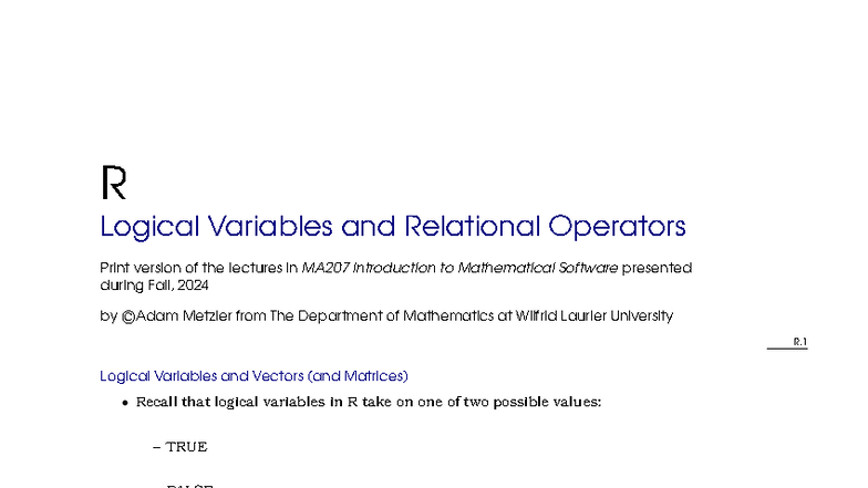 MA207 Final Exam Notes on R Logical Variables and Operators - Studocu