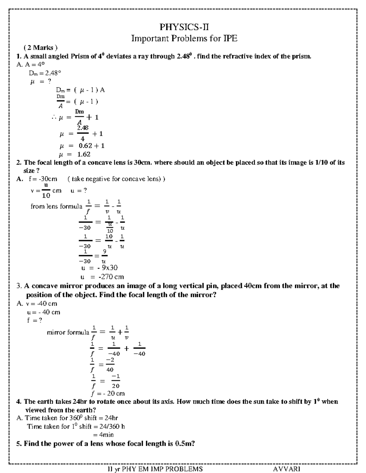 II yr PHY EM IMP Problems - PHYSICS-II Important Problems for IPE ####### ( 2 Marks ) ####### 1 ...