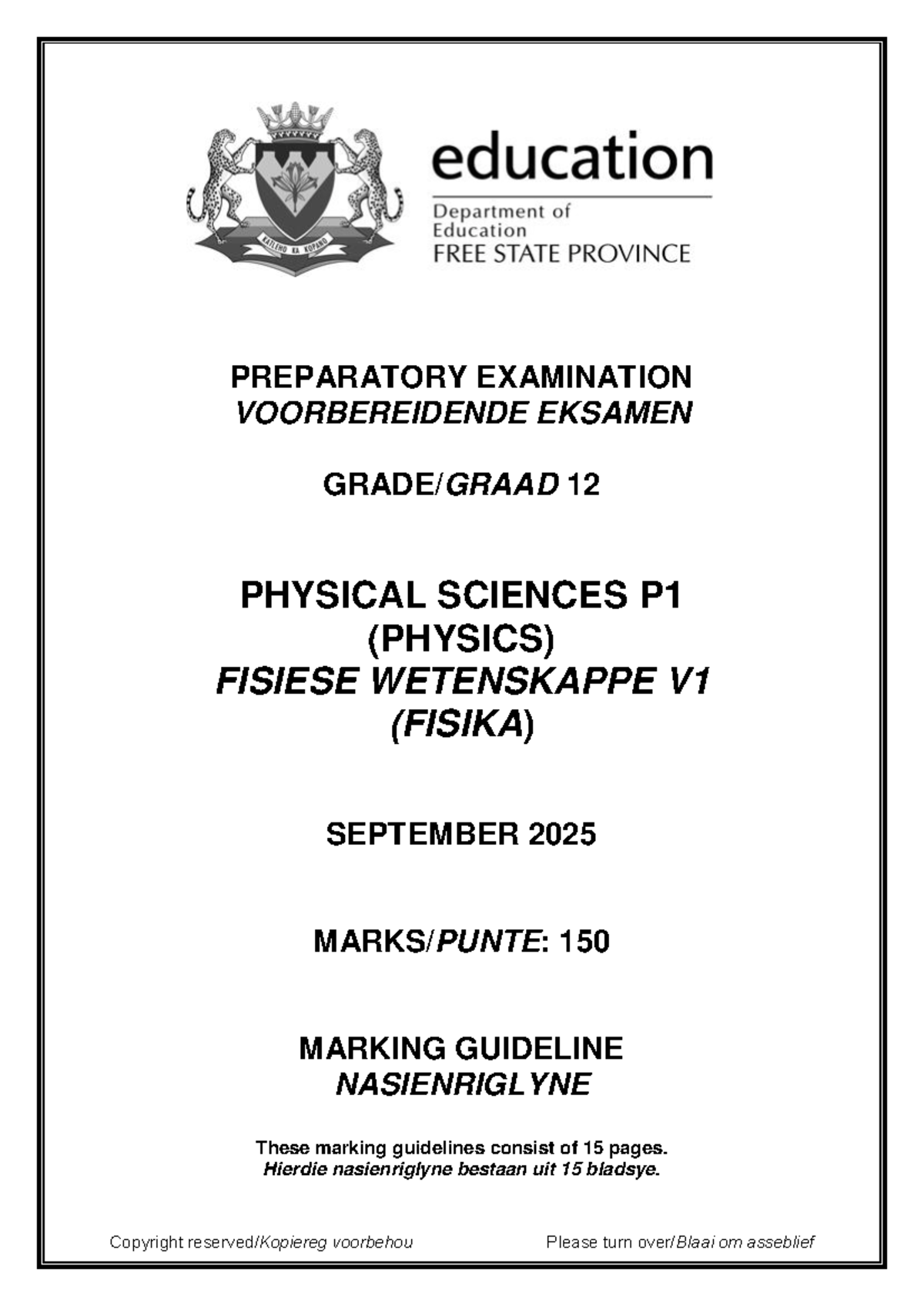 Grade 12 Physical Sciences P1 Prep Exam Marking Guidelines - September 2025 - Studocu