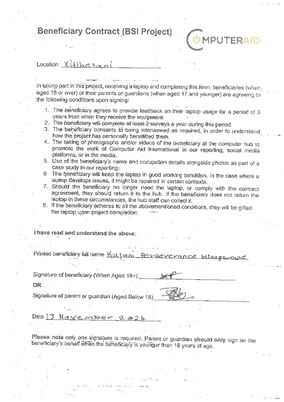 BSI Project Beneficiary Contract: Kulani Perseverance Hlongwane - Studocu