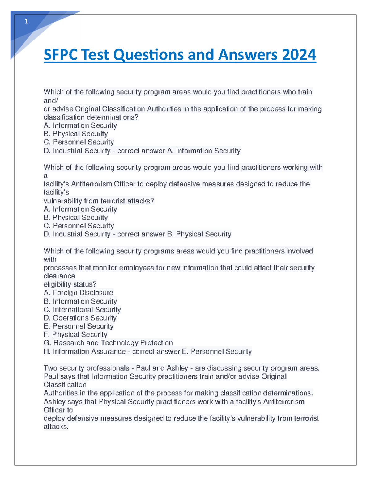 SFPC Test Questions and Answers 2024 - Information Security B. Physical ...
