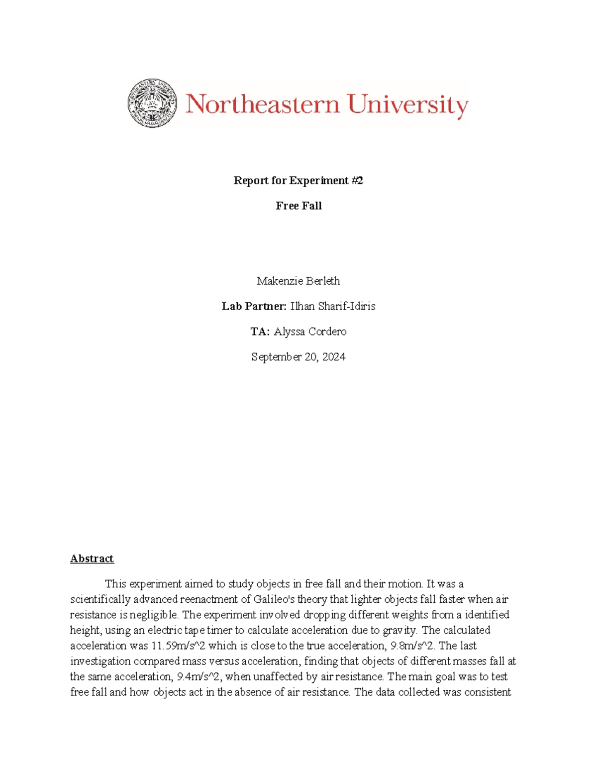 Physics Lab 2: Investigating Free Fall and Gravity Acceleration - Studocu