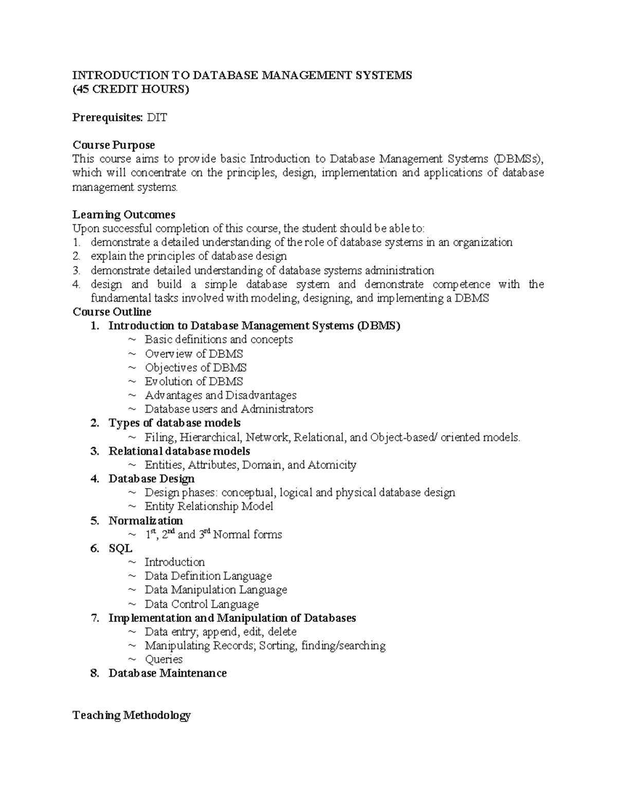 DBMS Course outline - NOTES TO FOLOW UP ON - INTRODUCTION TO DATABASE ...