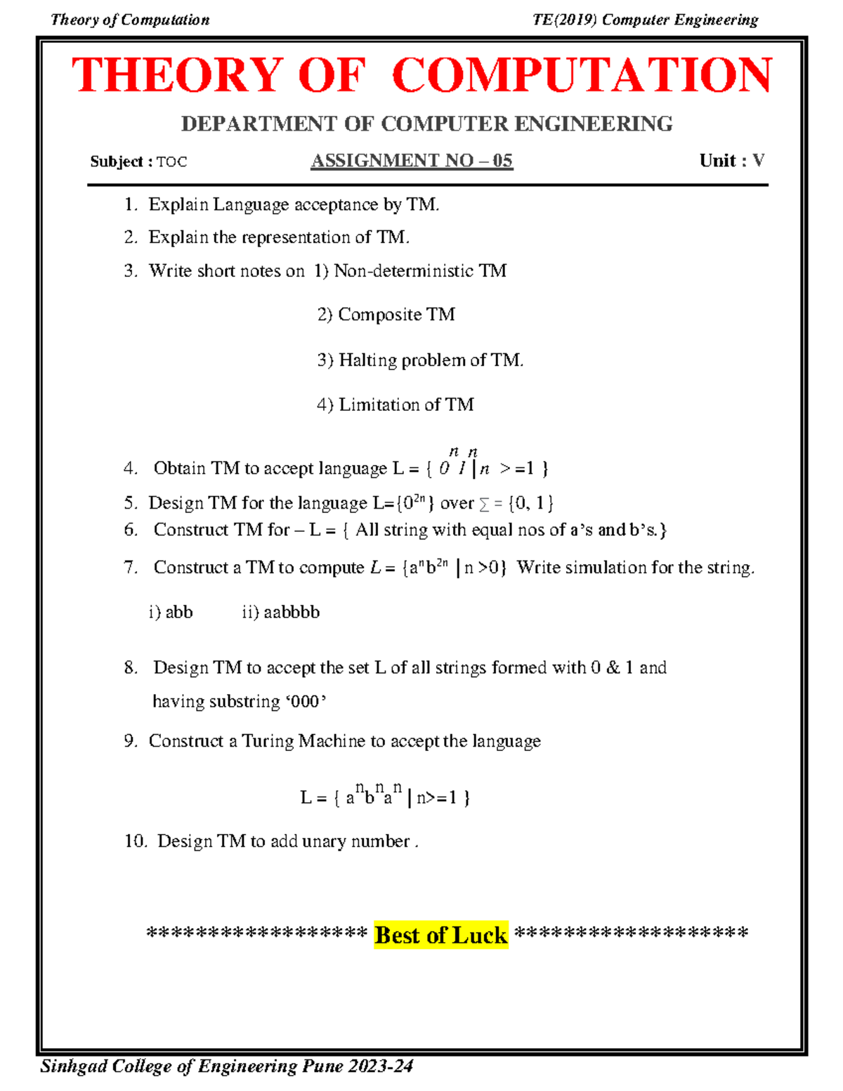 TOC Units V & VI Notes - Theory of Computation TE(2019) - Studocu