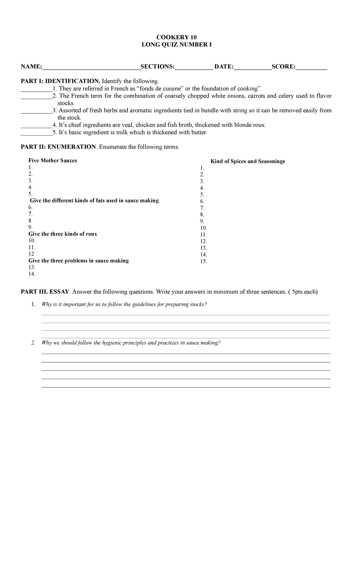 LONG QUIZ Number 1 - Long quiz - COOKERY 10 LONG QUIZ NUMBER I NAME ...