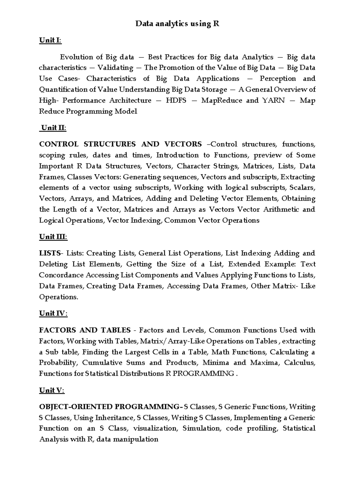 Data Analytics Using R - Lecture Notes (Unit I to V Overview) - Studocu