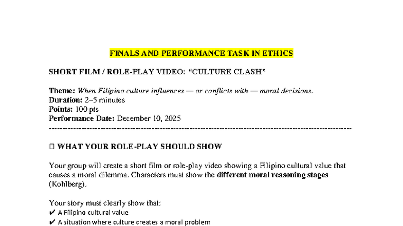 PT Finals Ethics: Short Film on Filipino Culture & Moral Dilemmas - Studocu