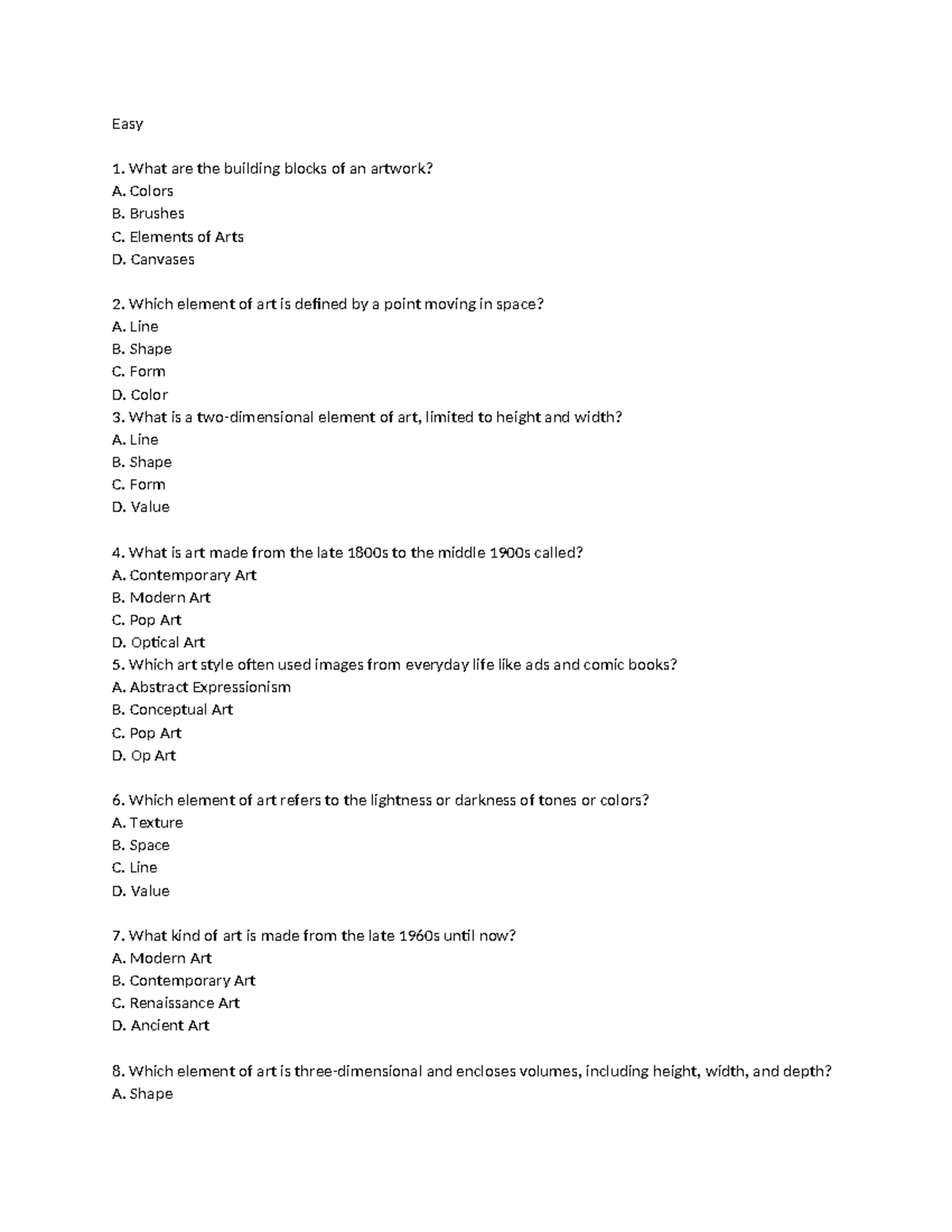 ART 1 Quiz: Understanding the Elements of Art - Studocu