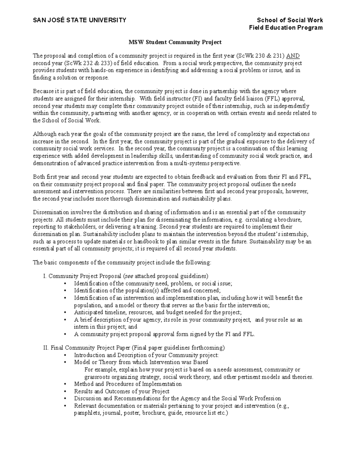 Social Work Community Project Proposal - SAN JOSÉ STATE UNIVERSITY ...
