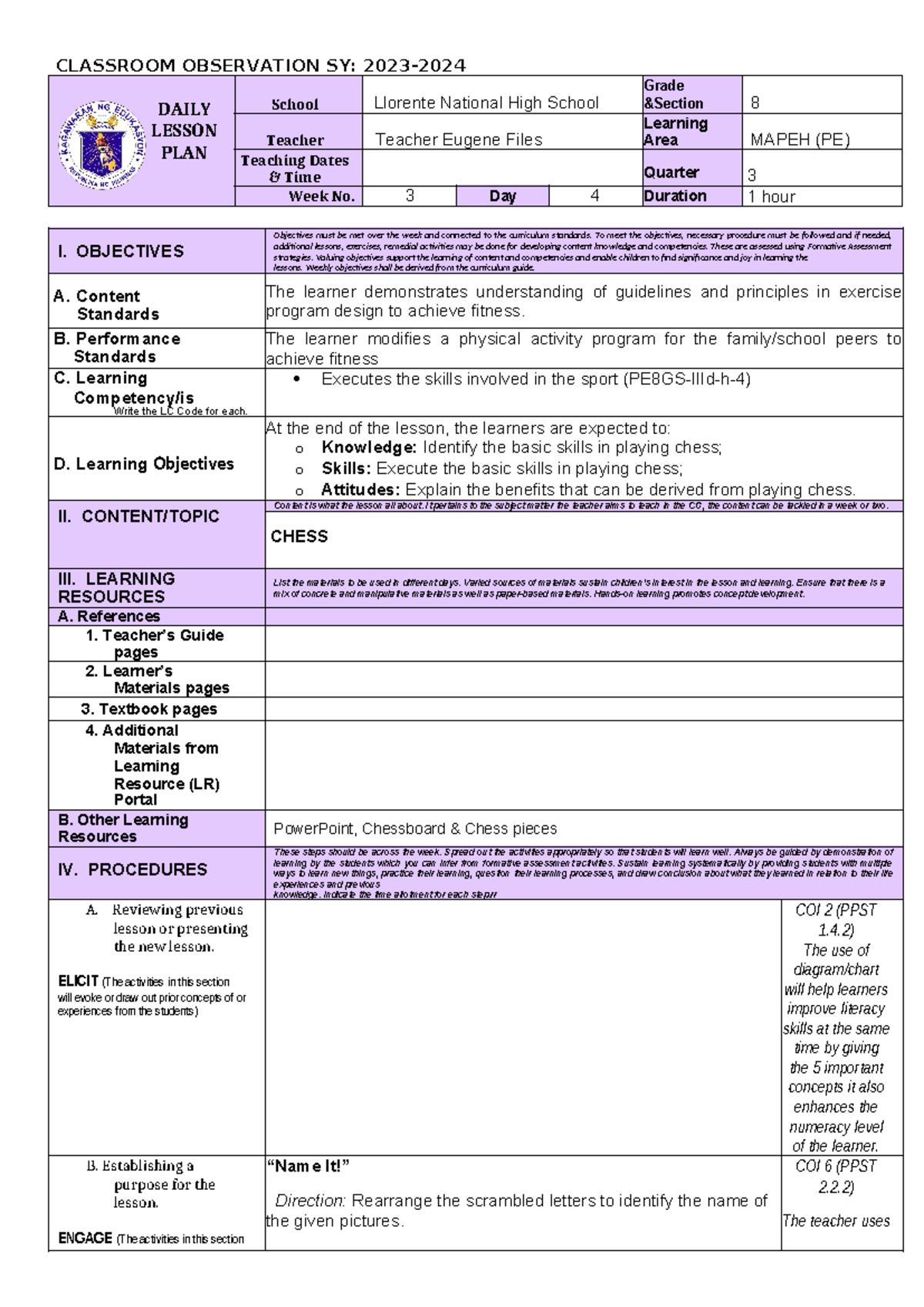 Q3 COT LP PE8 Week 3 Lesson Plan: Introduction to Chess Skills - Studocu