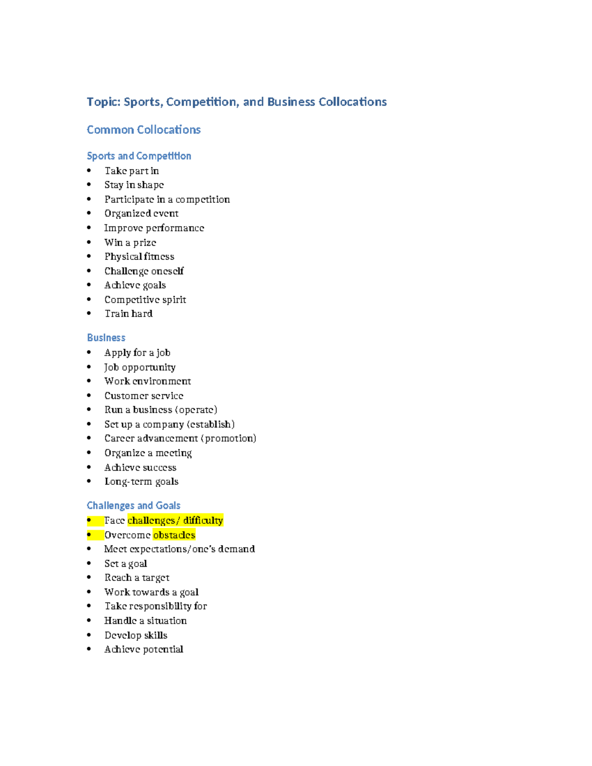 Unit 5-6: Sports & Business Collocations Exercises with Answers - Studocu