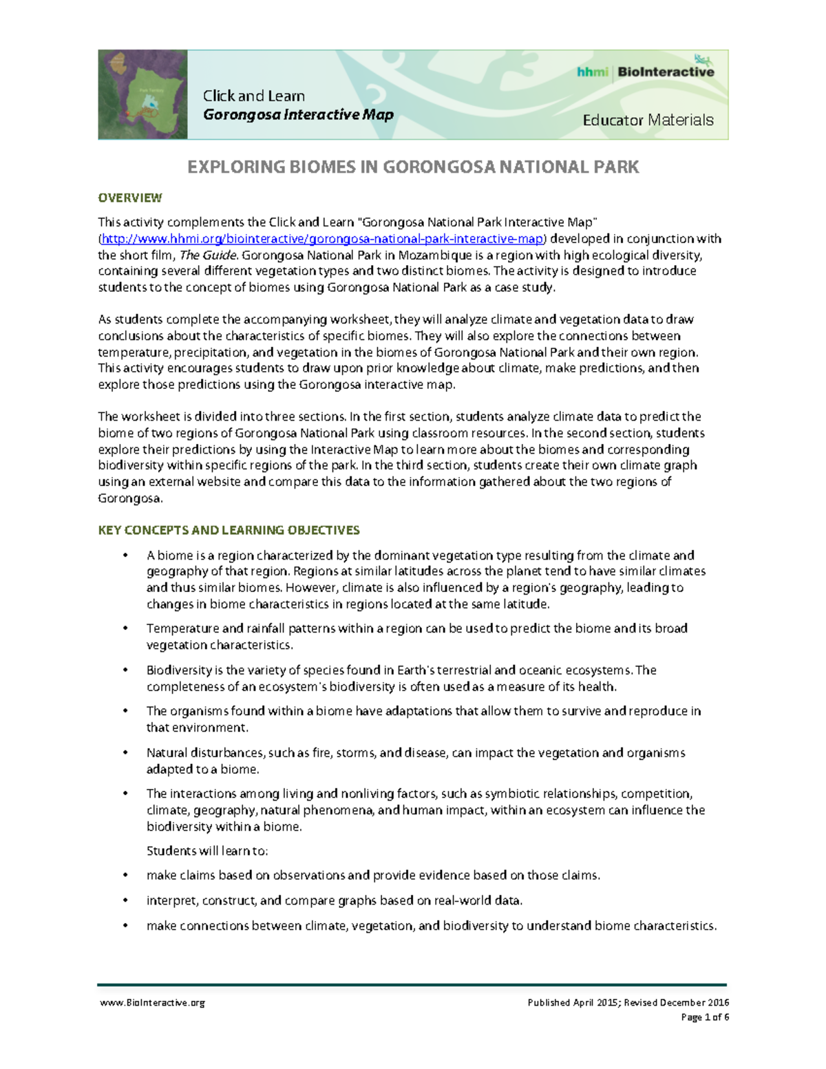 Gorongosa Biome Exploration Activity - Educator Guide (Bio101) - Studocu